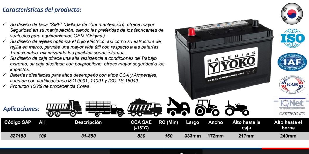 SMF 31-850 100AH 830CCA (BORNE) | Neumáticos Puerto Varas